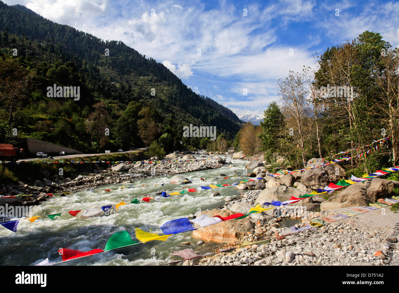 Prayer flag over a river, Manali, Himachal Pradesh, India Stock Photo ...