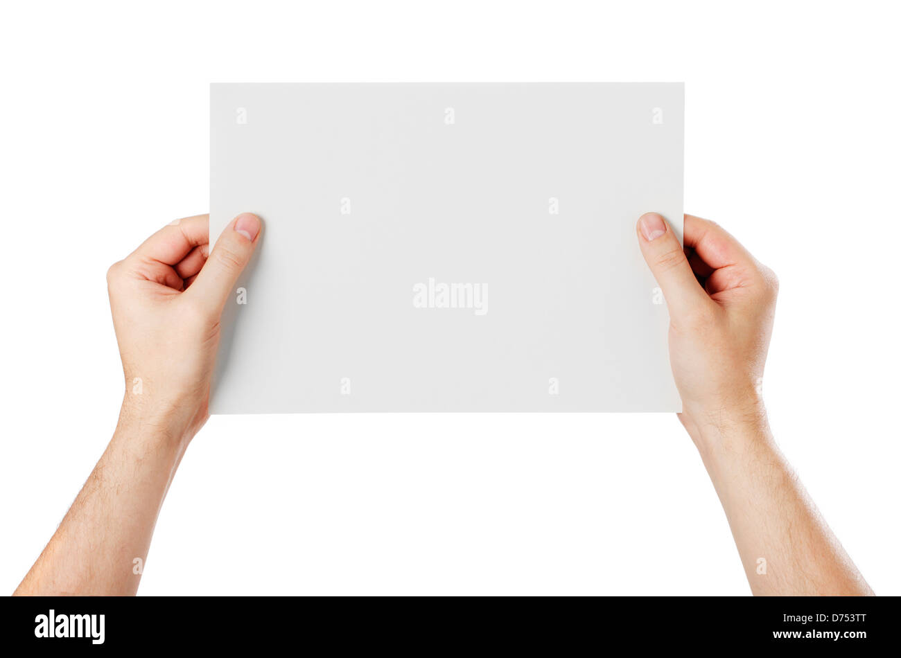 Man holding a light grey peper in his hand against white background ...