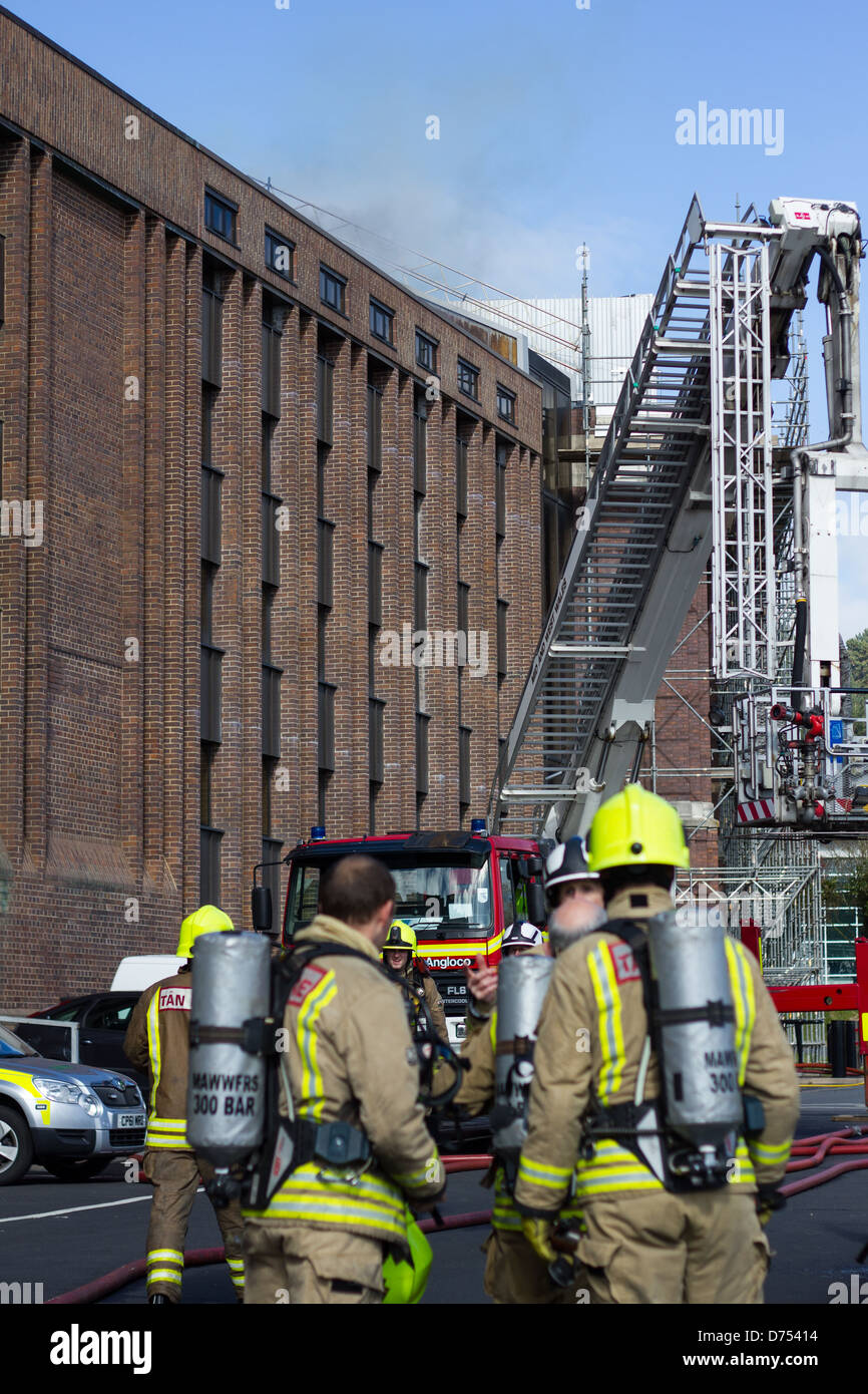 Firemen at scene of National Library of Wales fire April 26th 2013 ...