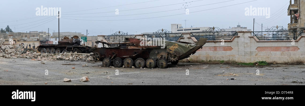 Panoramic picture of the destroyed Souk and burned tanks, Azaz, Syria ...
