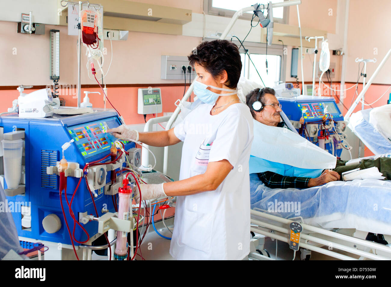 Blood transfusion anemic patient during hemodialysis session Nurse according protocol control ...