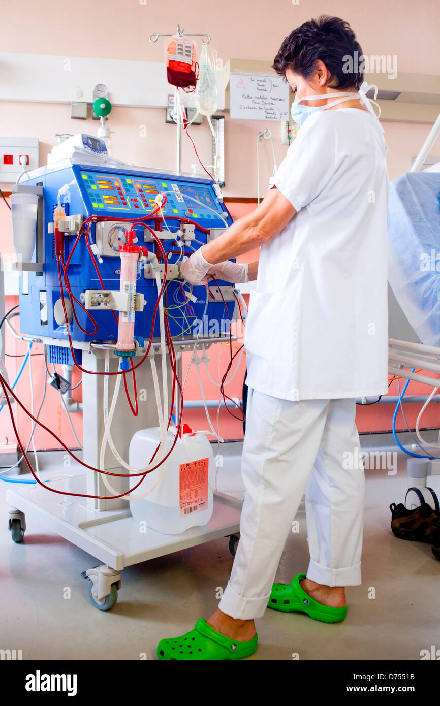 Blood transfusion anemic patient during hemodialysis session Nurse ...