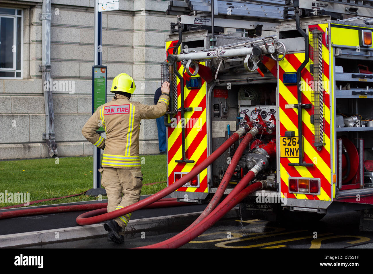 Fireman and fire engine at scene of National Library of Wales fire ...