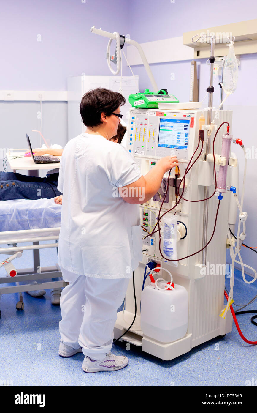 Haemodialysis. Patient undergoing haemodialysis treatment. Limoges ...