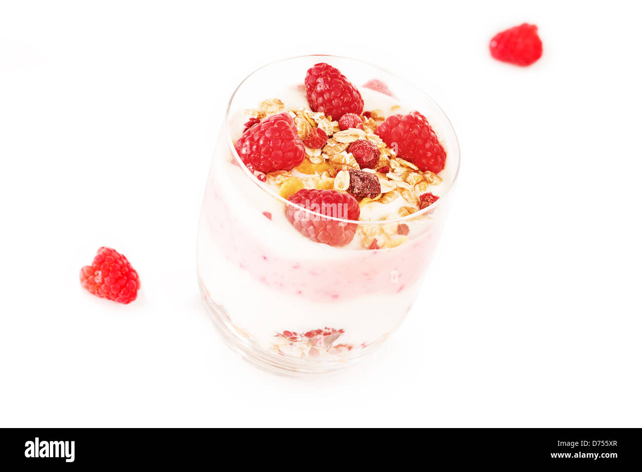 raspberry yoghurt muesli from top on white background Stock Photo - Alamy