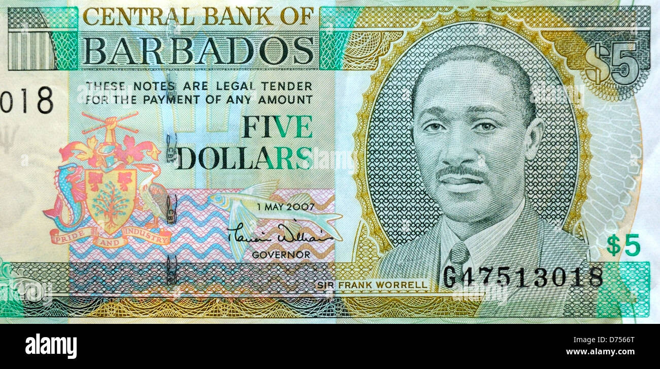 Barbados 5 Five Dollar Bank Note Stock Photo - Alamy