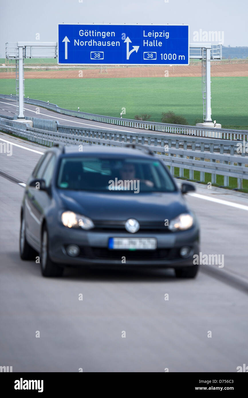 A car drives on the Autobahn A71 between motorway junction Suedharz ...