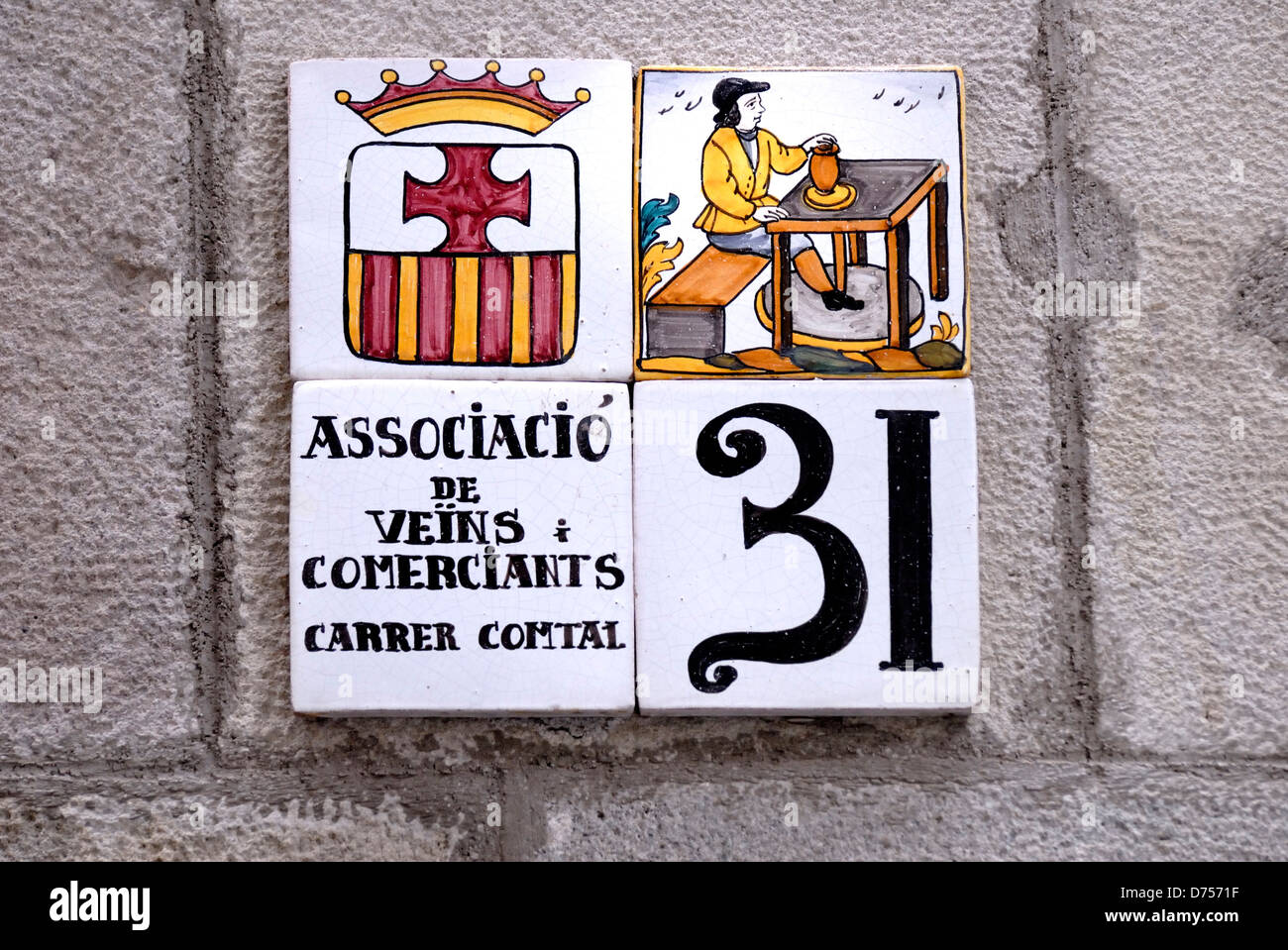 Spain, Catalonia, Barcelona. Painted ceramic tiles street sign - house ...