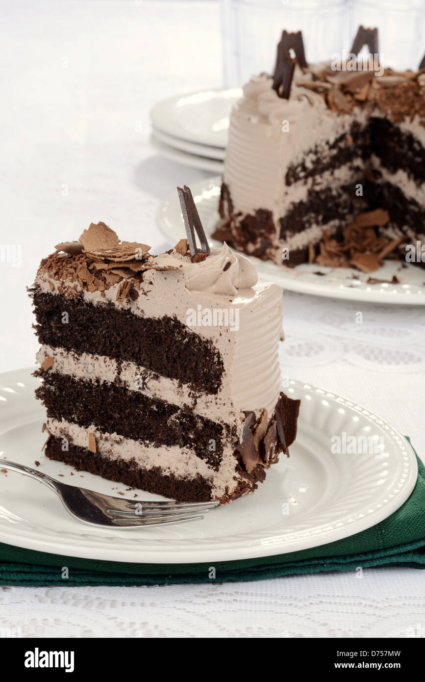 Closeup slice of chocolate cake with flakes Stock Photo - Alamy