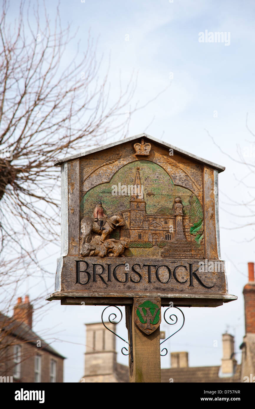 Traditional wodden village sign for Brigstock in Northamptonshire ...