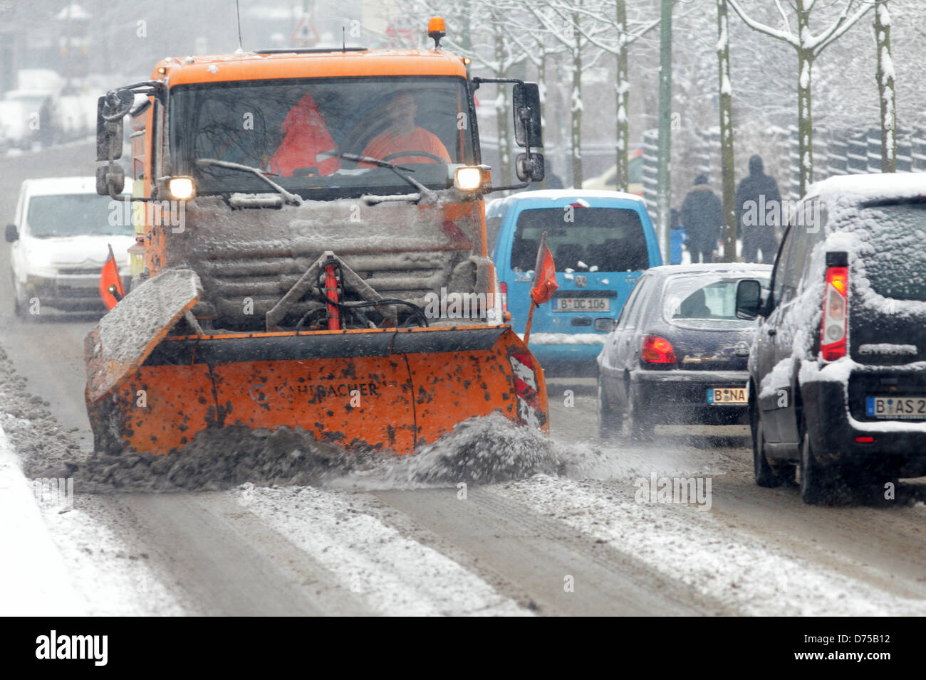 Berlin, Germany, the city snow plow cleaning BSR in Berlin ...