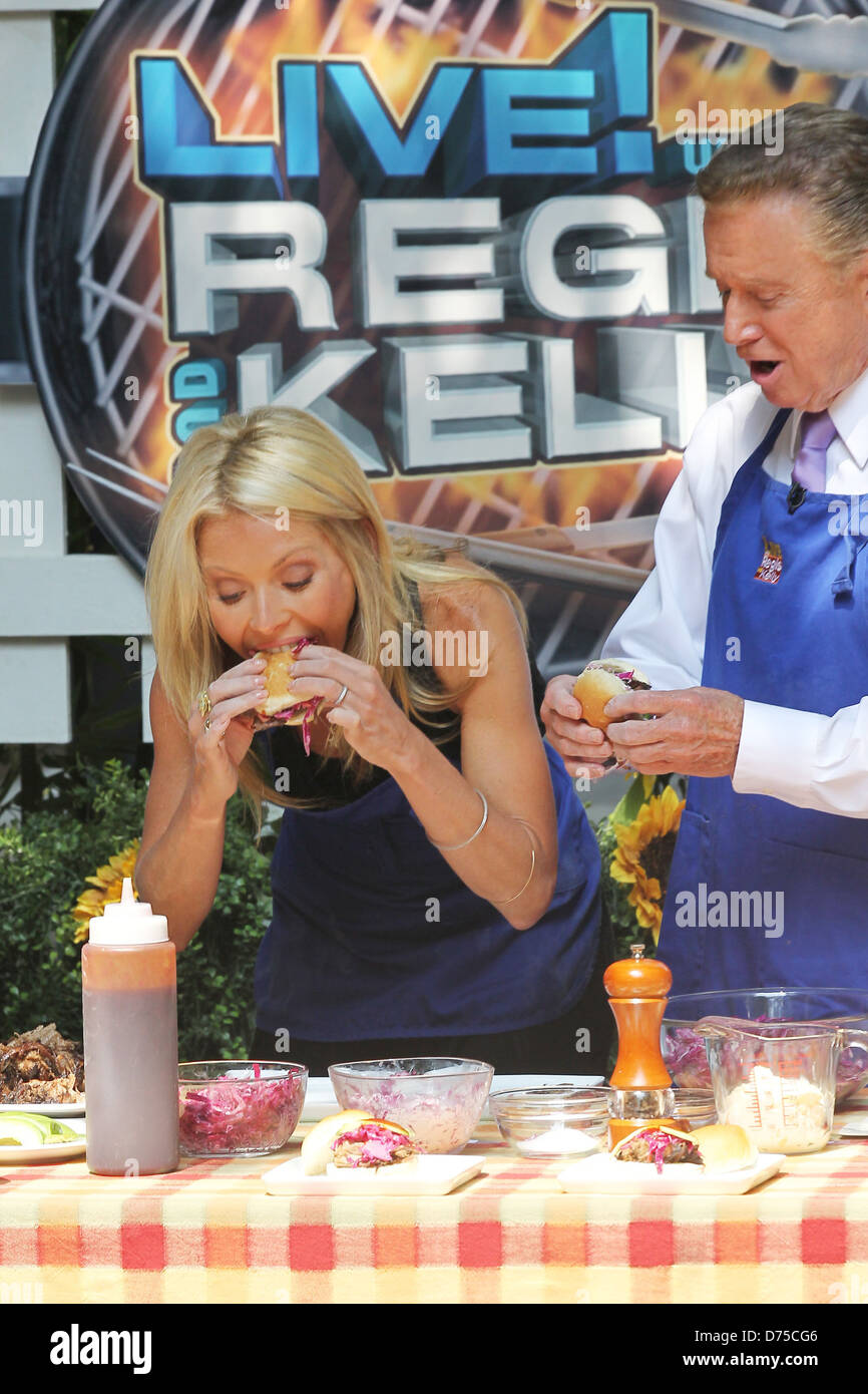 Kelly Ripa and Regis Philbin film a cooking segment outside ABC studios ...