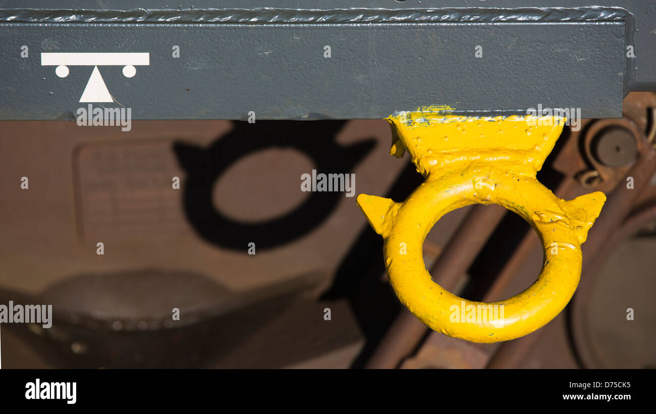 Yellow mooring ring on train wagon , used for strapping cargo Stock ...