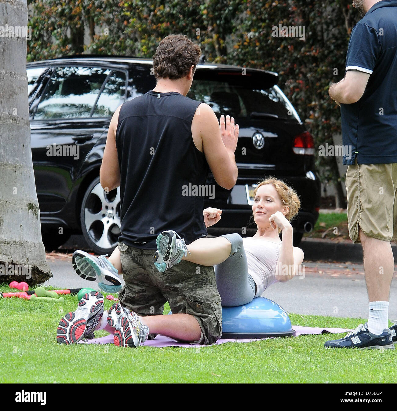 Jason Segel and Leslie Mann shooting a workout scene in a Santa Monica ...