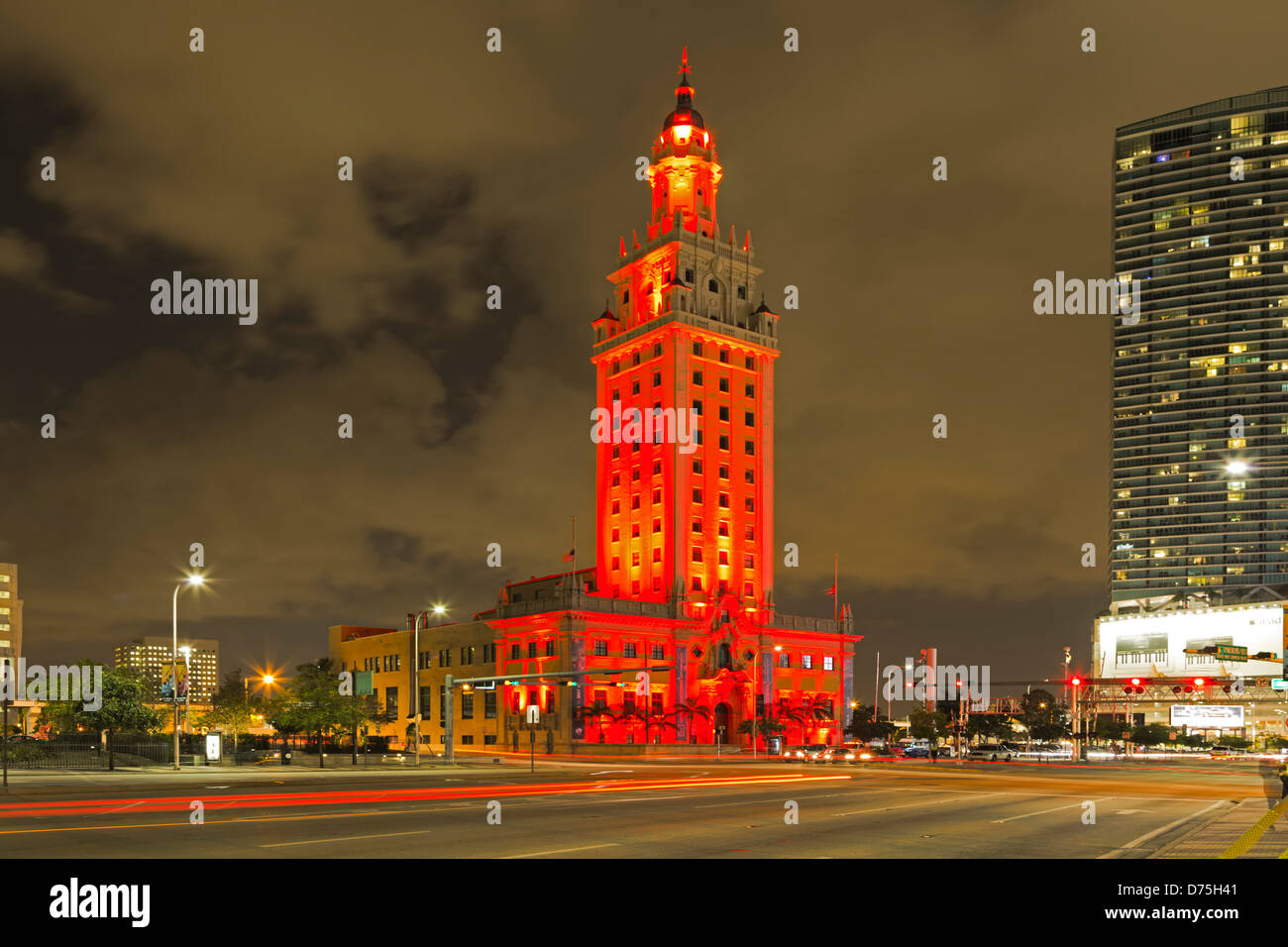 Freedom Tower and light streaks, Miami, Florida USA Stock Photo - Alamy