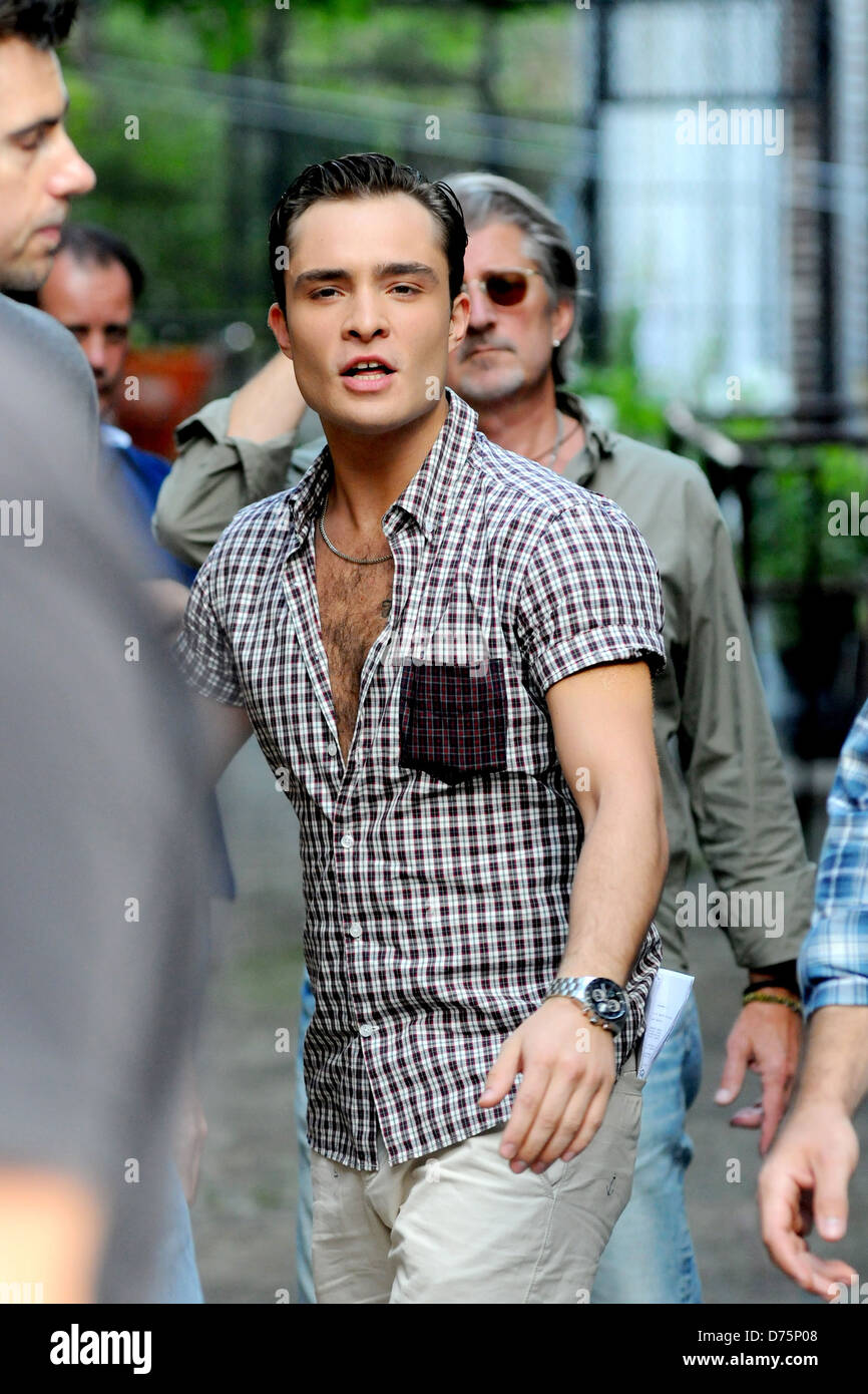 Ed Westwick on the set of 'Gossip Girl' shooting on location in Queens ...