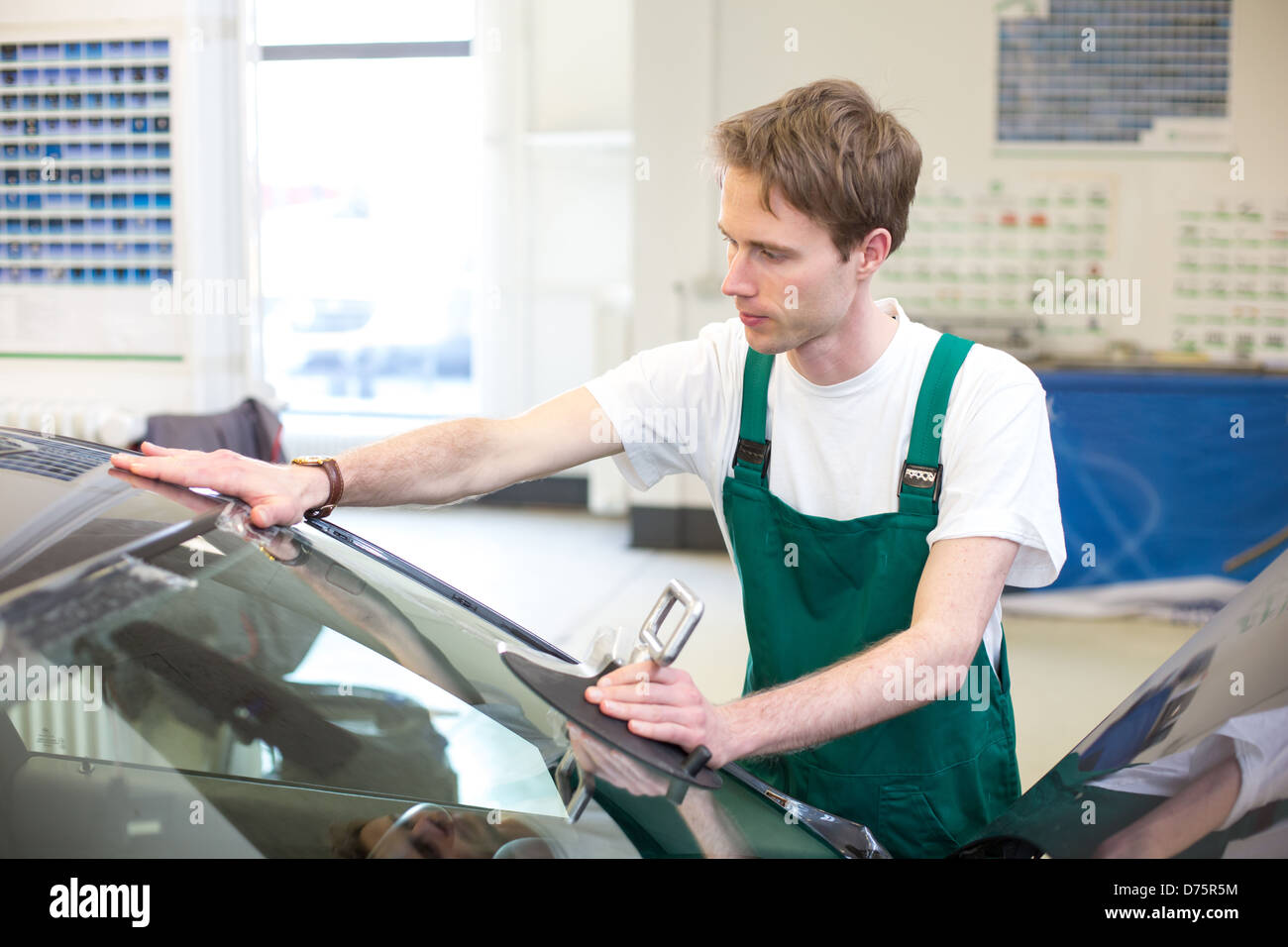 Glazier installs windscreen into car in garage Stock Photo - Alamy