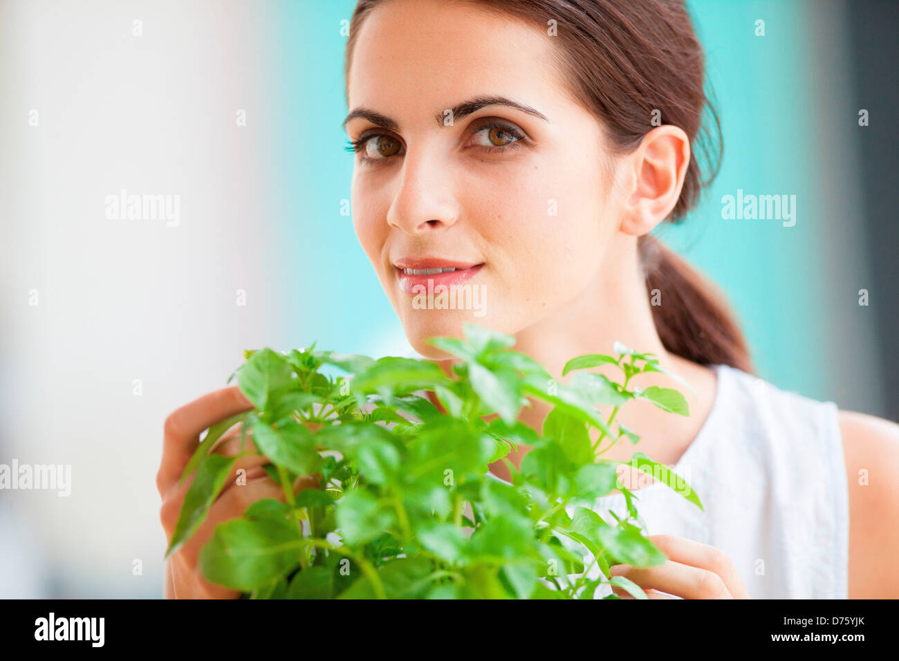 Woman smelling basil Stock Photo - Alamy