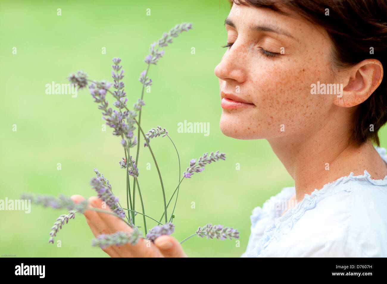 Woman inhaling the scent of lavender Stock Photo - Alamy
