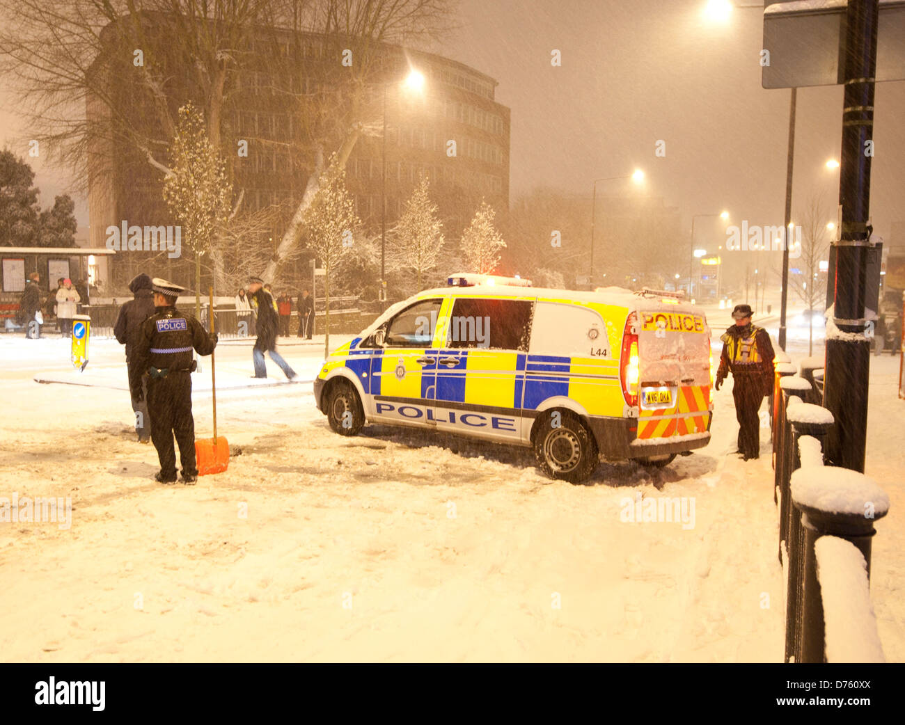 Pictured: A Police car is stuck in the snow outside Wembley Park The ...