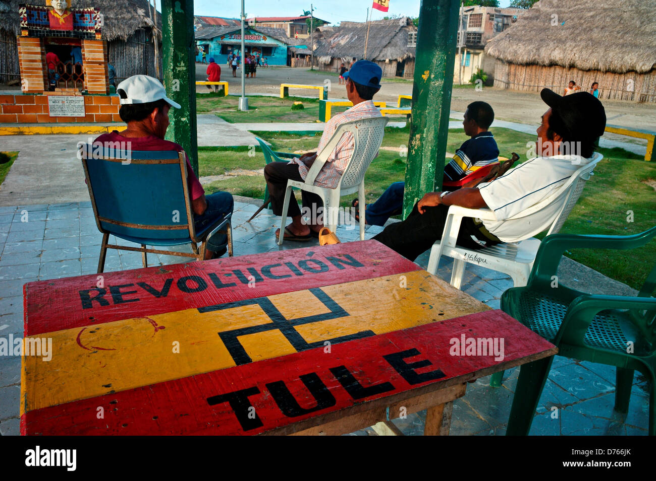 Panama, Kuna Yala, Ustupu, Civil policemen and flag of Revolution Guna ...