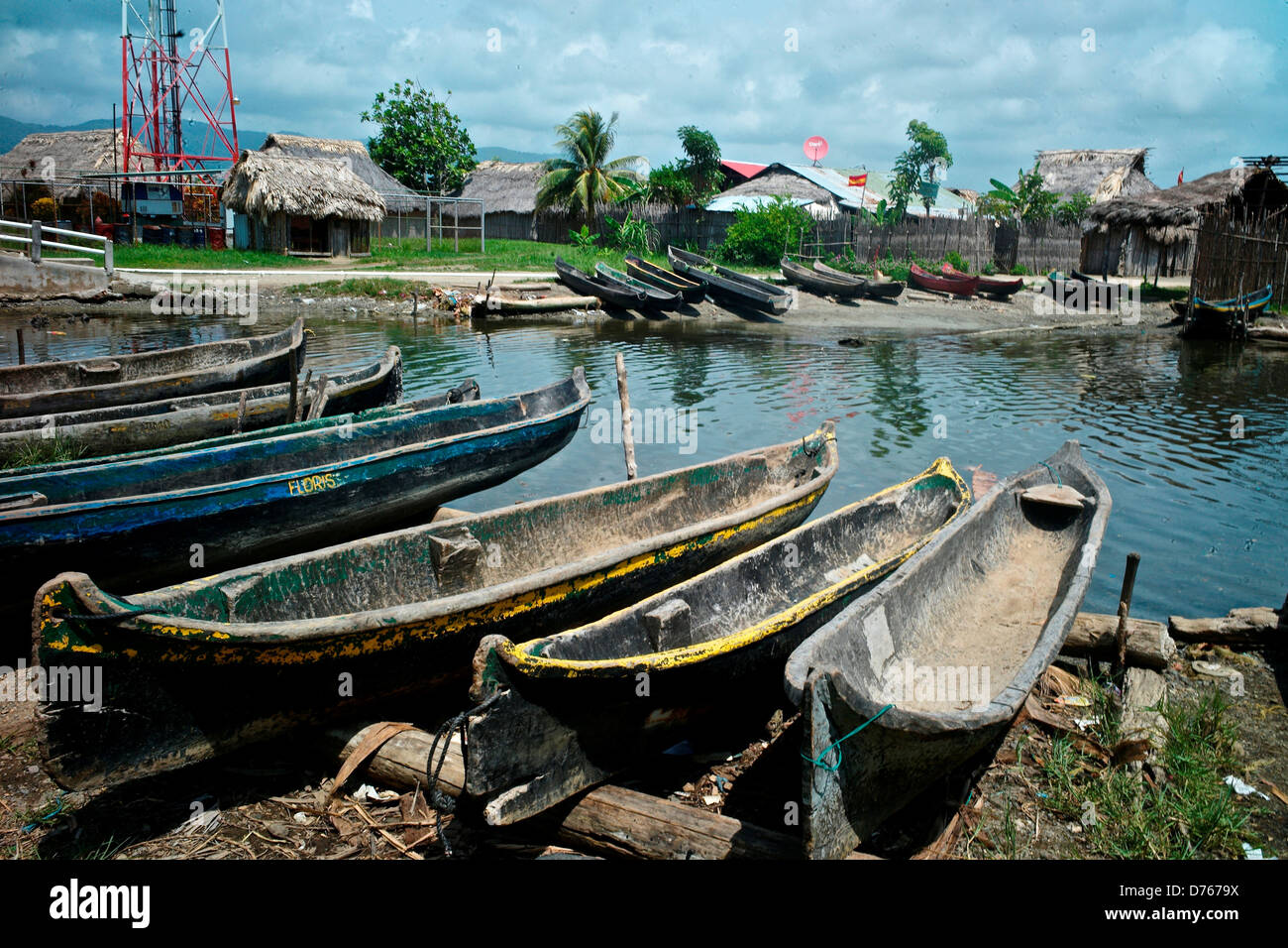 Panama, Kuna Yala, Coastal Indigenous guna village of Ustupu with flag ...