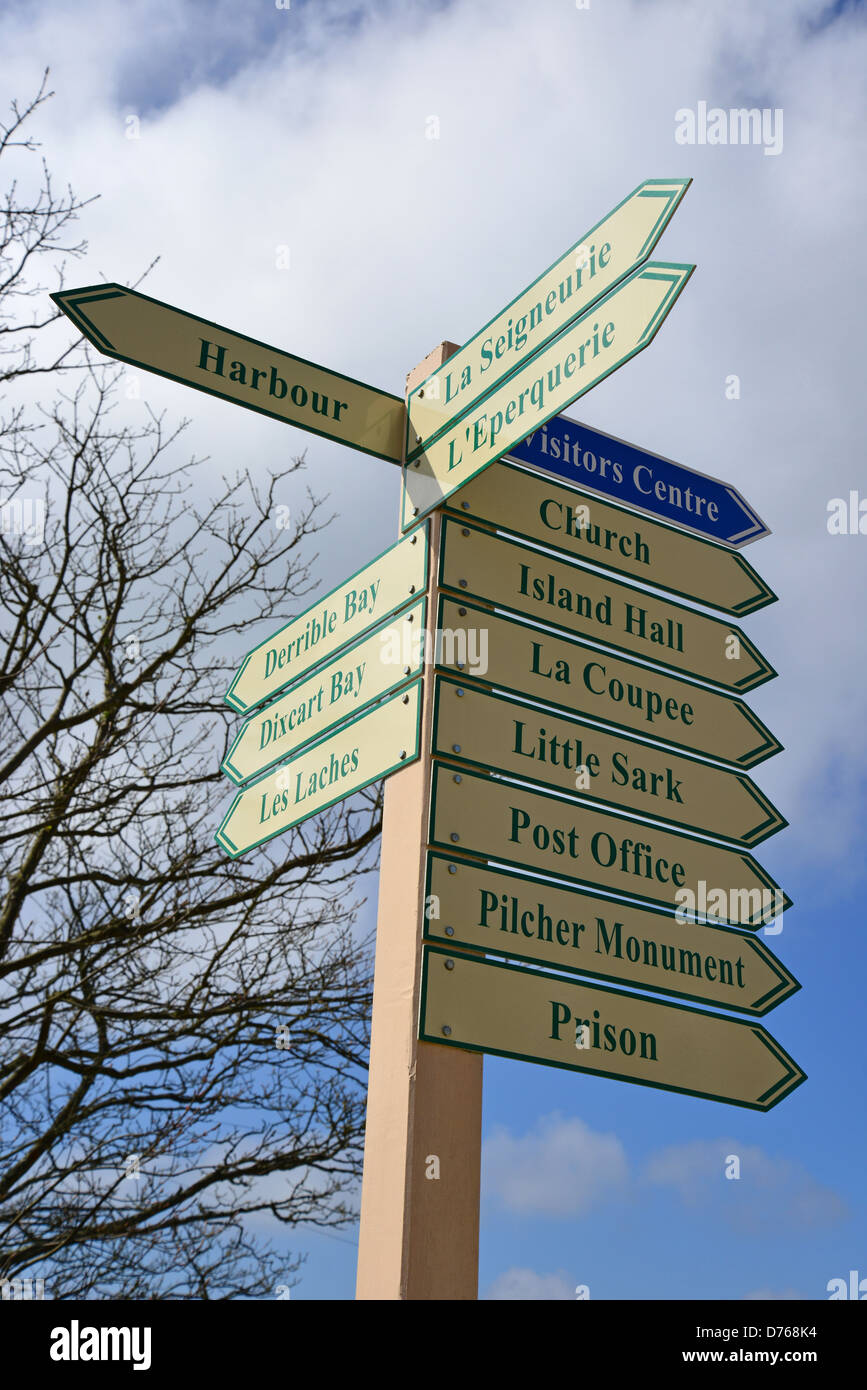 Sign post in Greater Sark, Sark, Bailiwick of Guernsey, Channel Islands ...