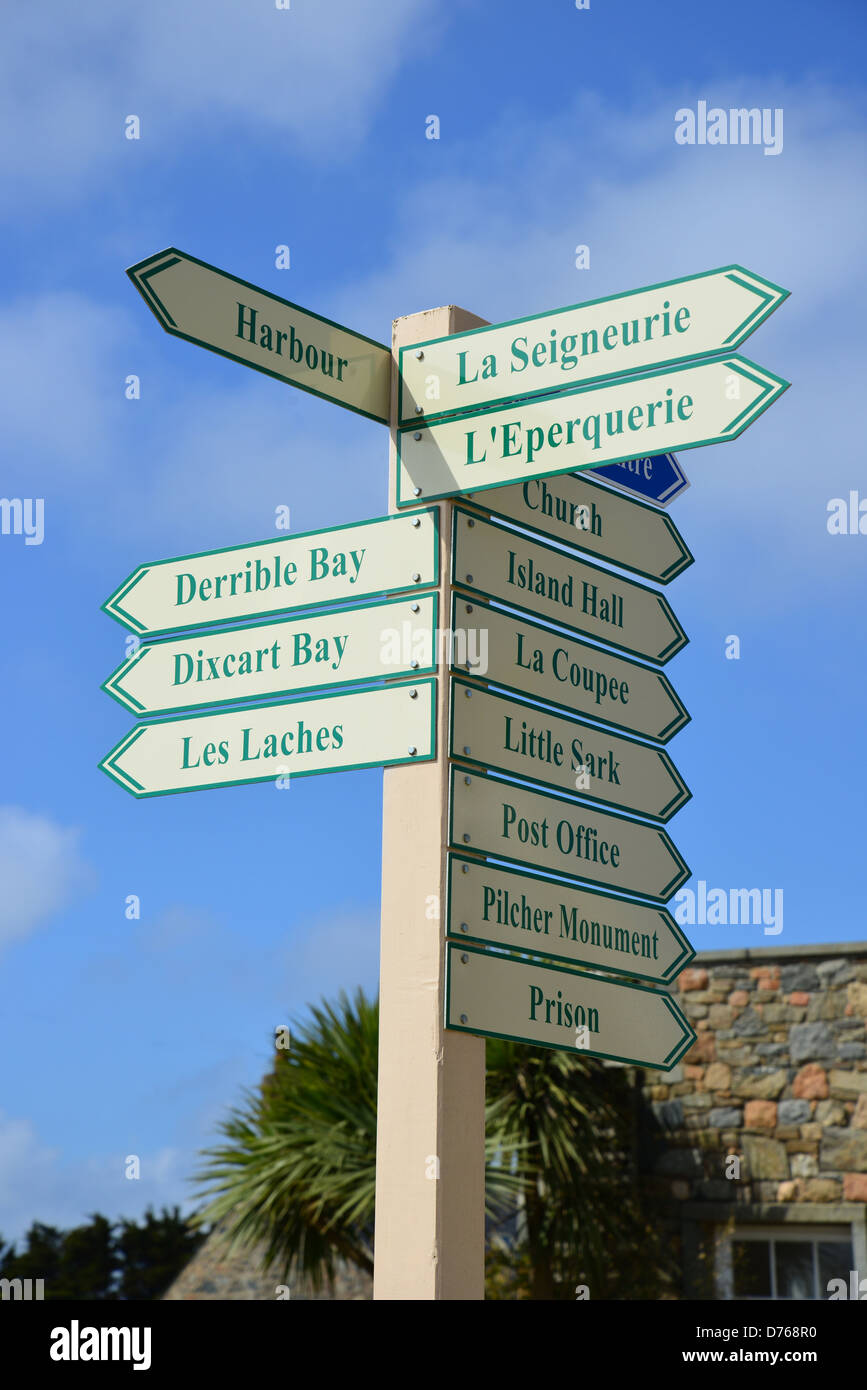 Sign post in Greater Sark, Sark, Bailiwick of Guernsey, Channel Islands ...