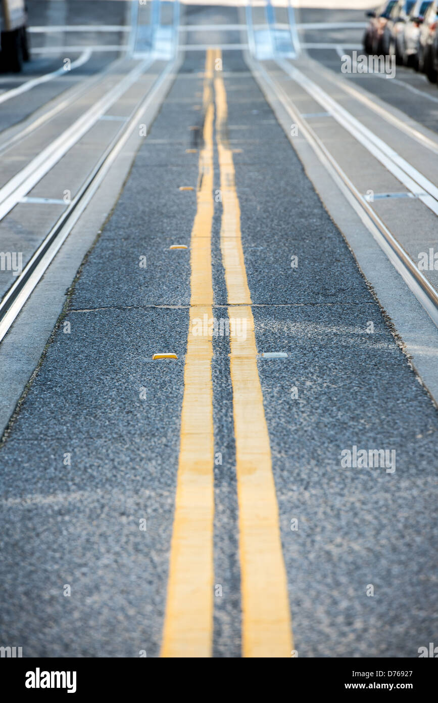 SAN FRANCISCO, California — Cable car tracks are embedded into the ...