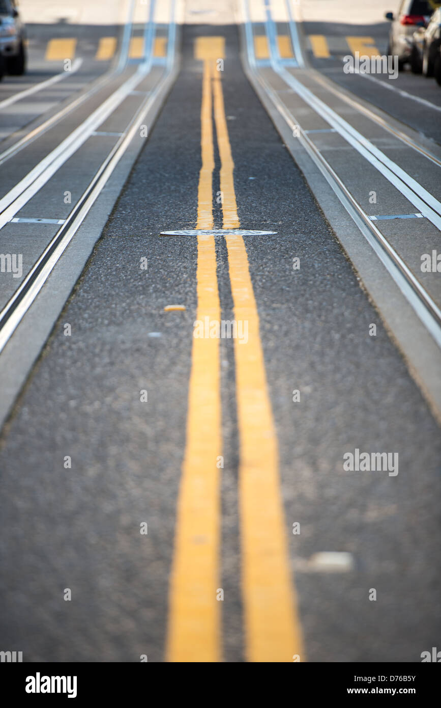 SAN FRANCISCO, California — Cable car tracks are embedded into the ...