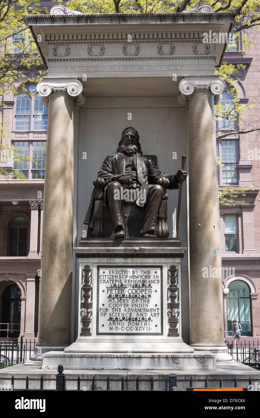 A statue of Peter Cooper, the founder of Cooper Union, sits in front of ...