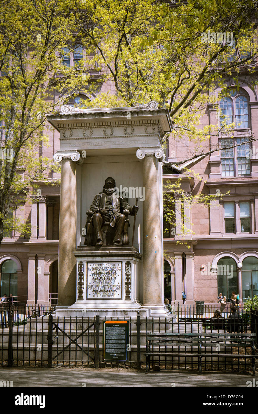 A statue of Peter Cooper, the founder of Cooper Union, sits in front of ...