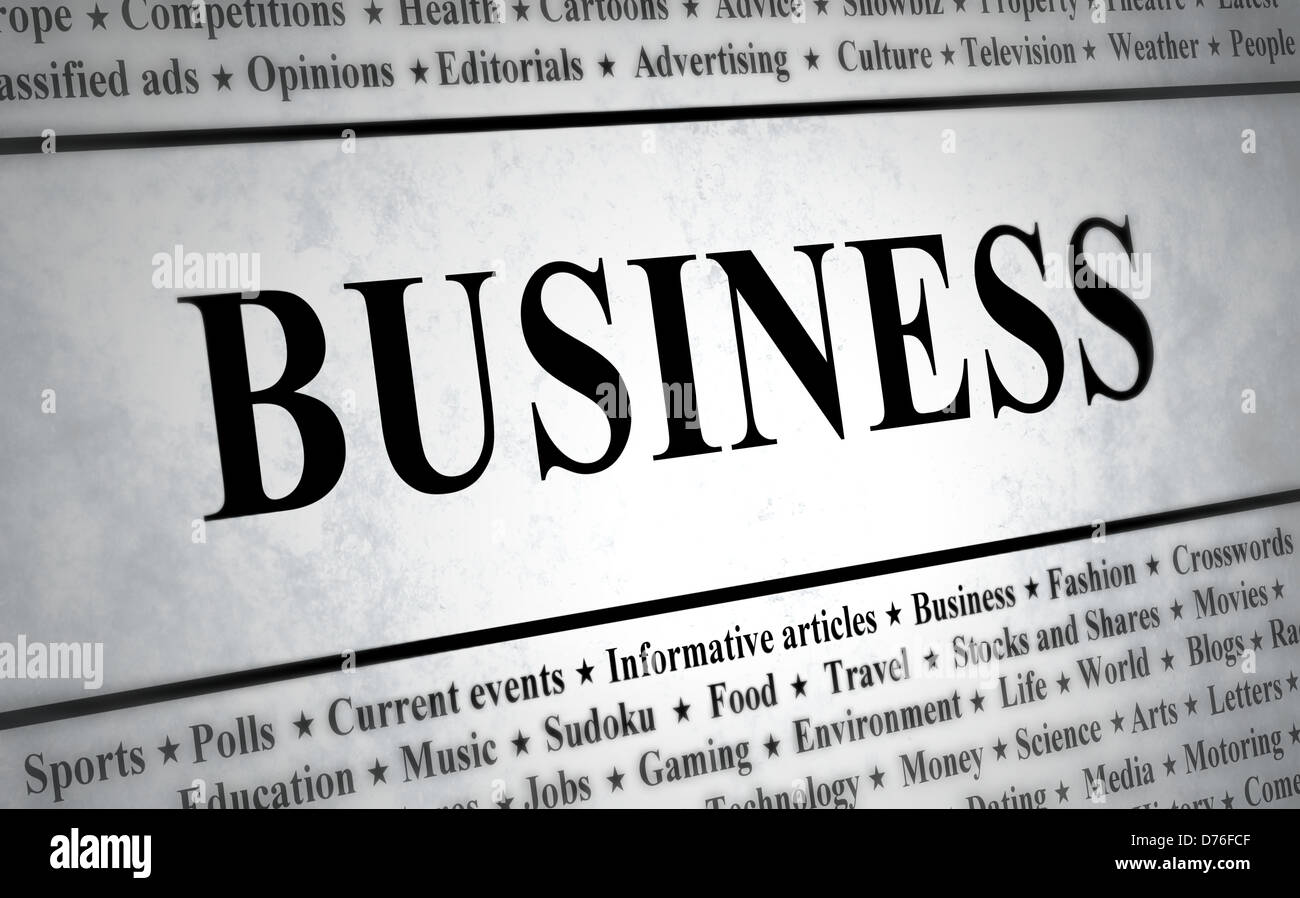 Illustration of a newspaper with the headline "Business Stock Photo - Alamy