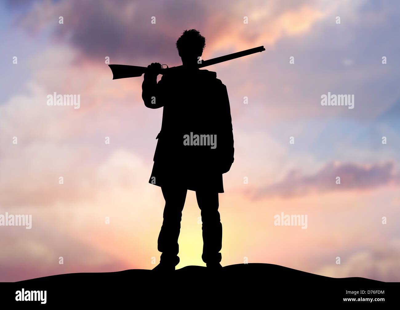 Illustration of a man holding a rifle standing on an horizon Stock ...