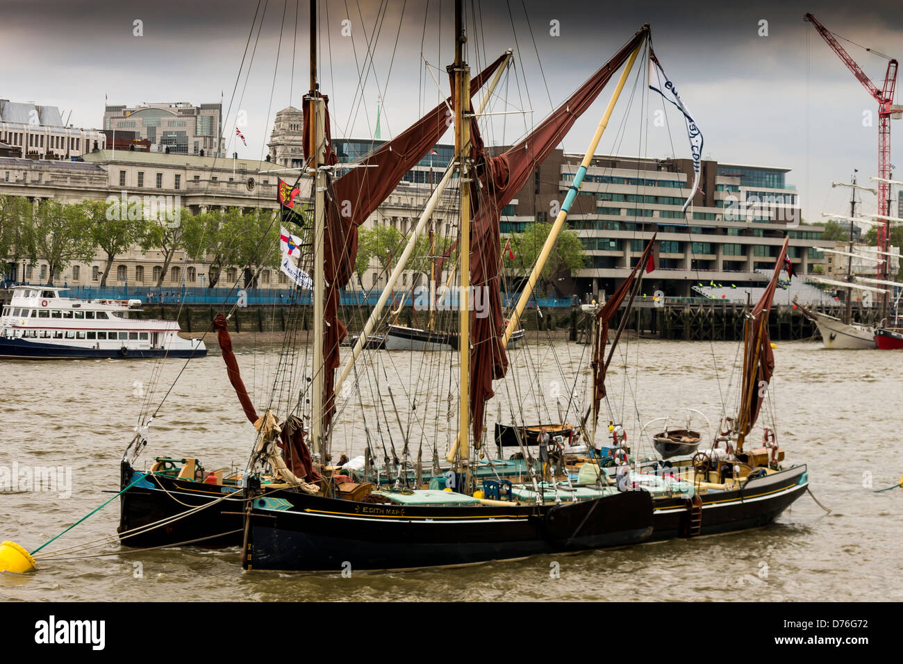 Two sailing barges rafting up, Thames London England Stock Photo - Alamy