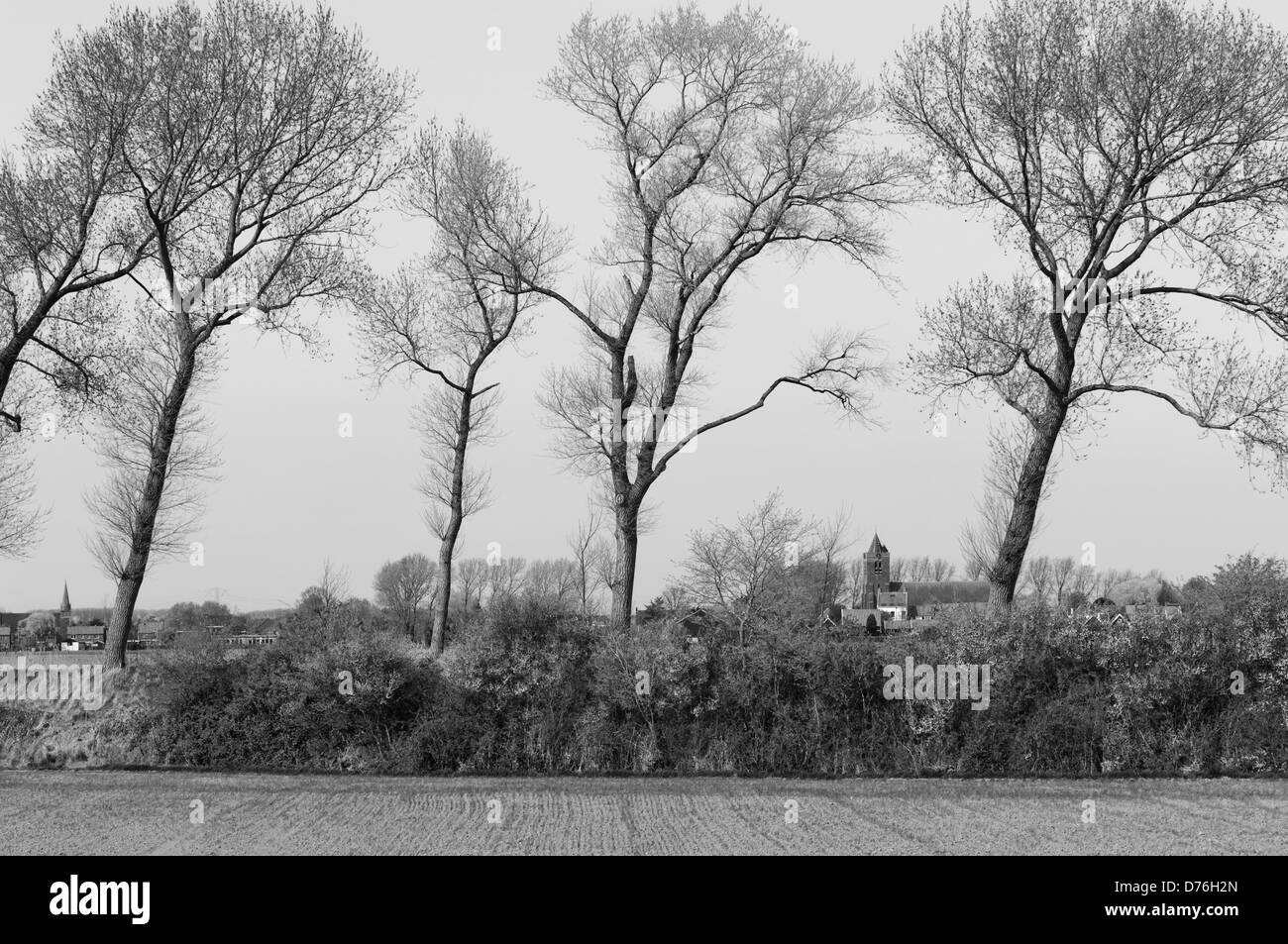 Church and houses of the village Oudelande behind a inland dike in ...
