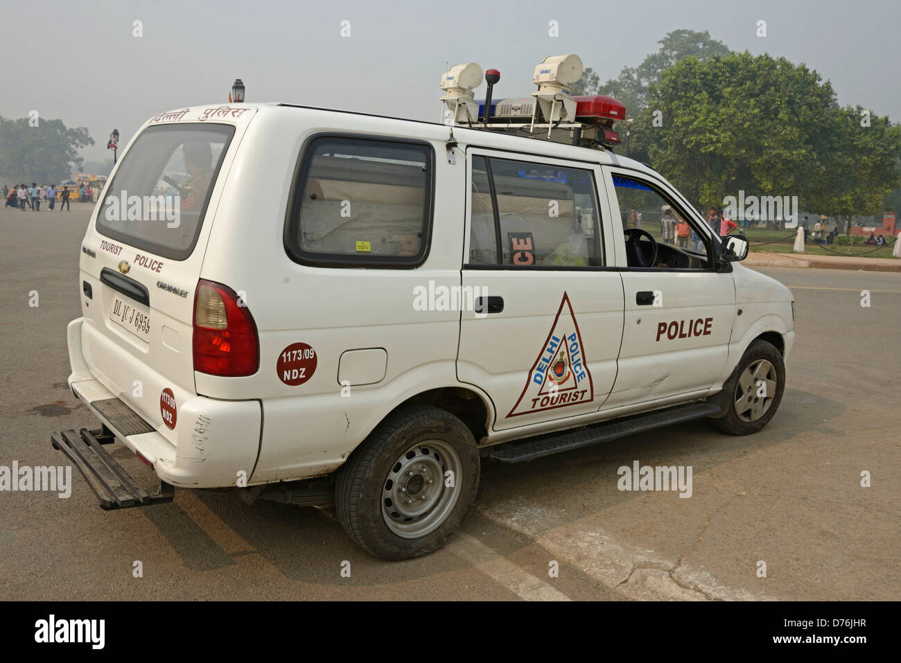 A Delhi Tourist Police vehicle parked near India Gate which is a ...