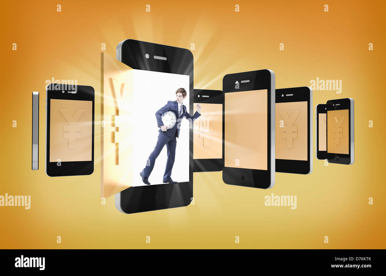 a businessman coming out of golden mobile phone screen Stock Photo - Alamy