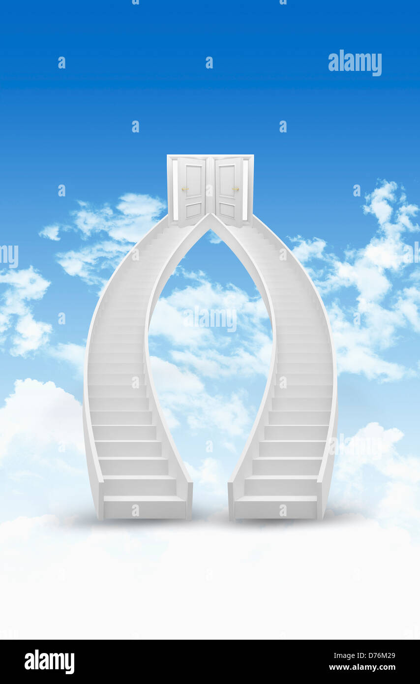 two stairs in the sky leading to two different doors Stock Photo - Alamy