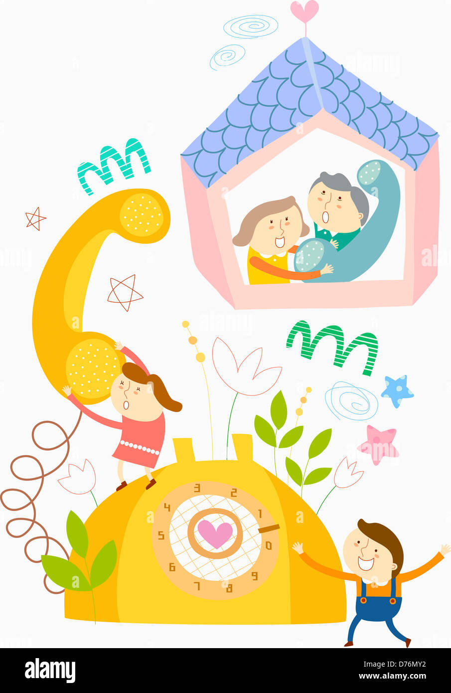 illustration of kids calling parents Stock Photo - Alamy