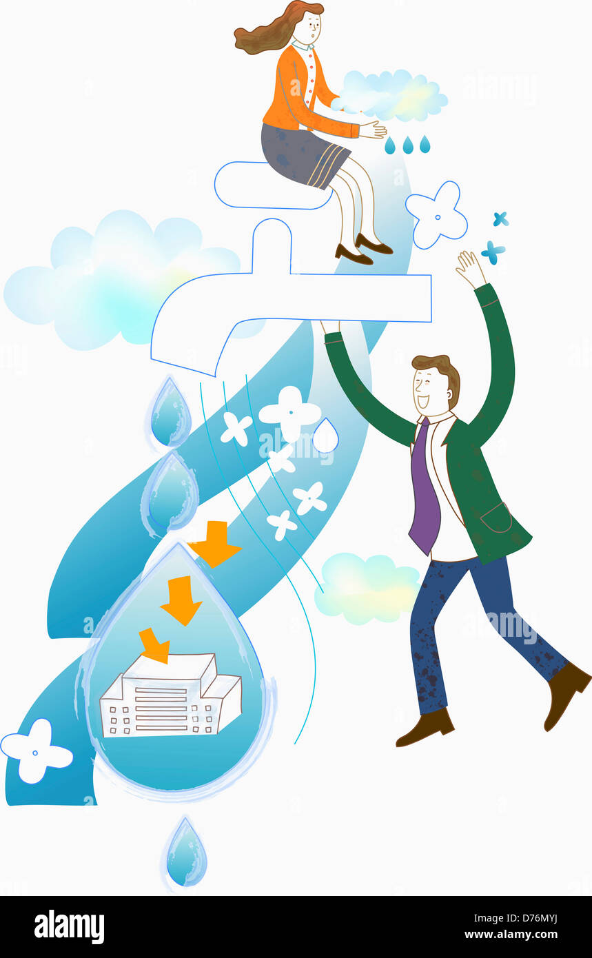 illustration of woman and man with water drop and tap water Stock Photo ...
