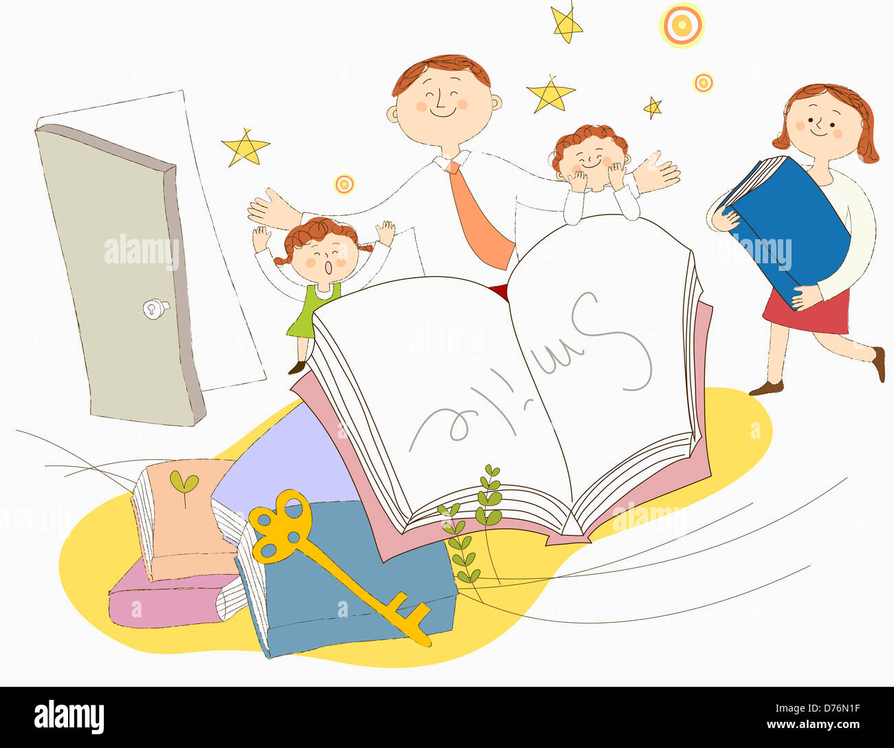 illustration of a family reading a book Stock Photo - Alamy