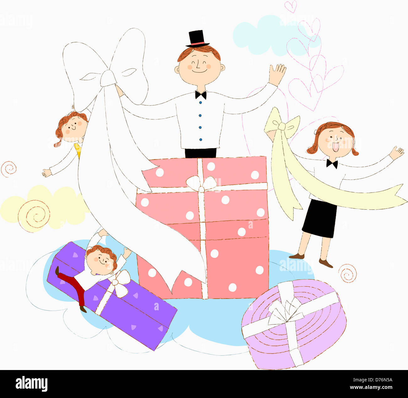 illustration of a family with presents Stock Photo - Alamy