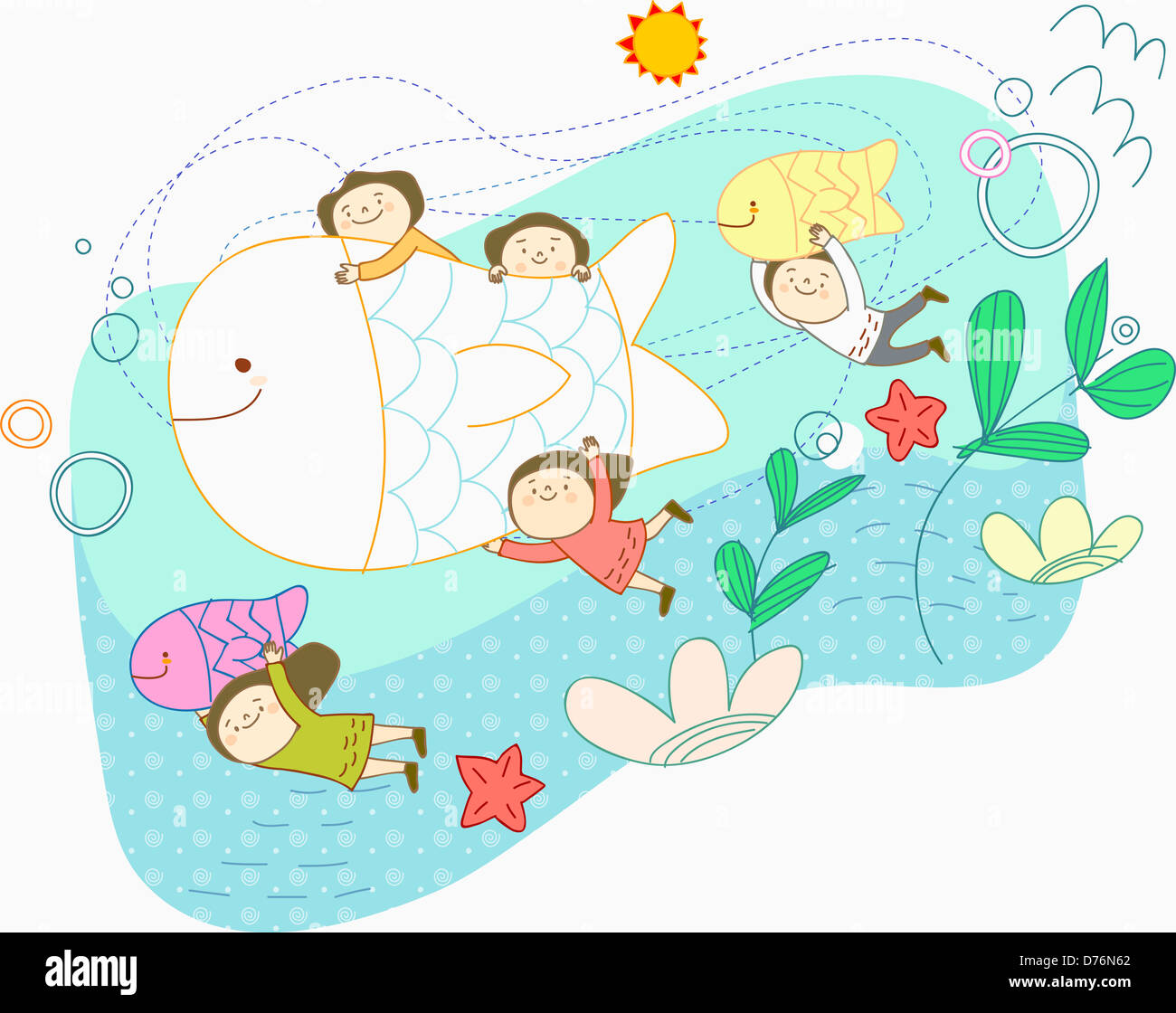 illustration of kids playing with fish under water Stock Photo - Alamy