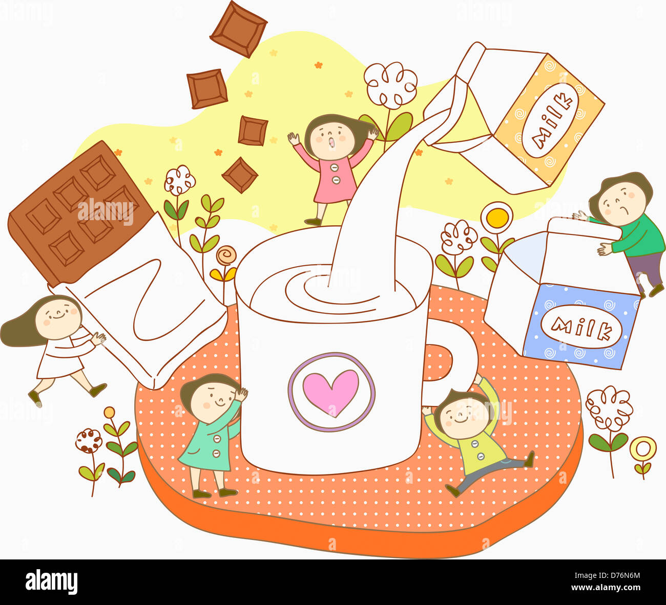 illustration of kids pouring milk Stock Photo - Alamy