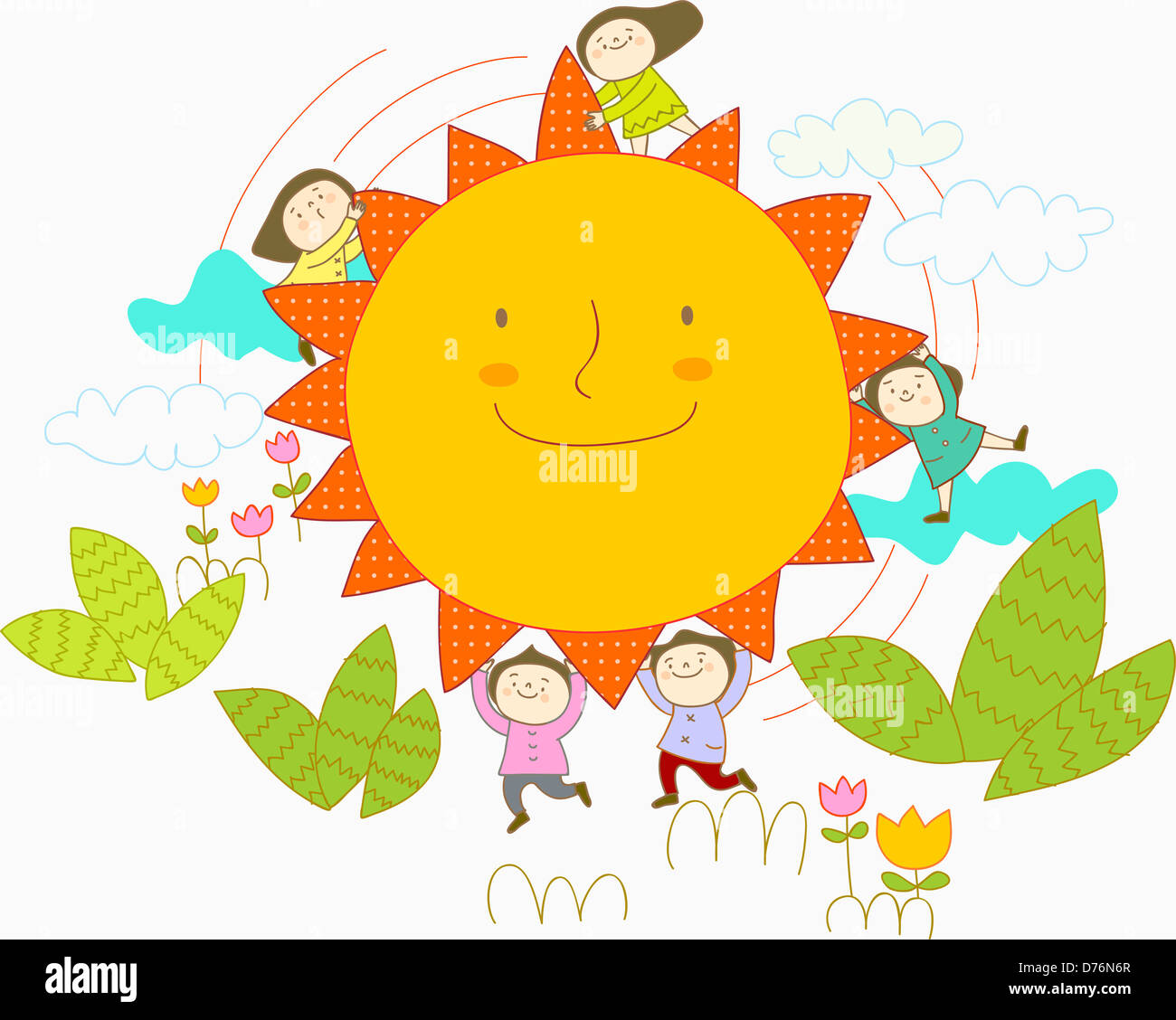 illustration of kids playing around a sun Stock Photo - Alamy