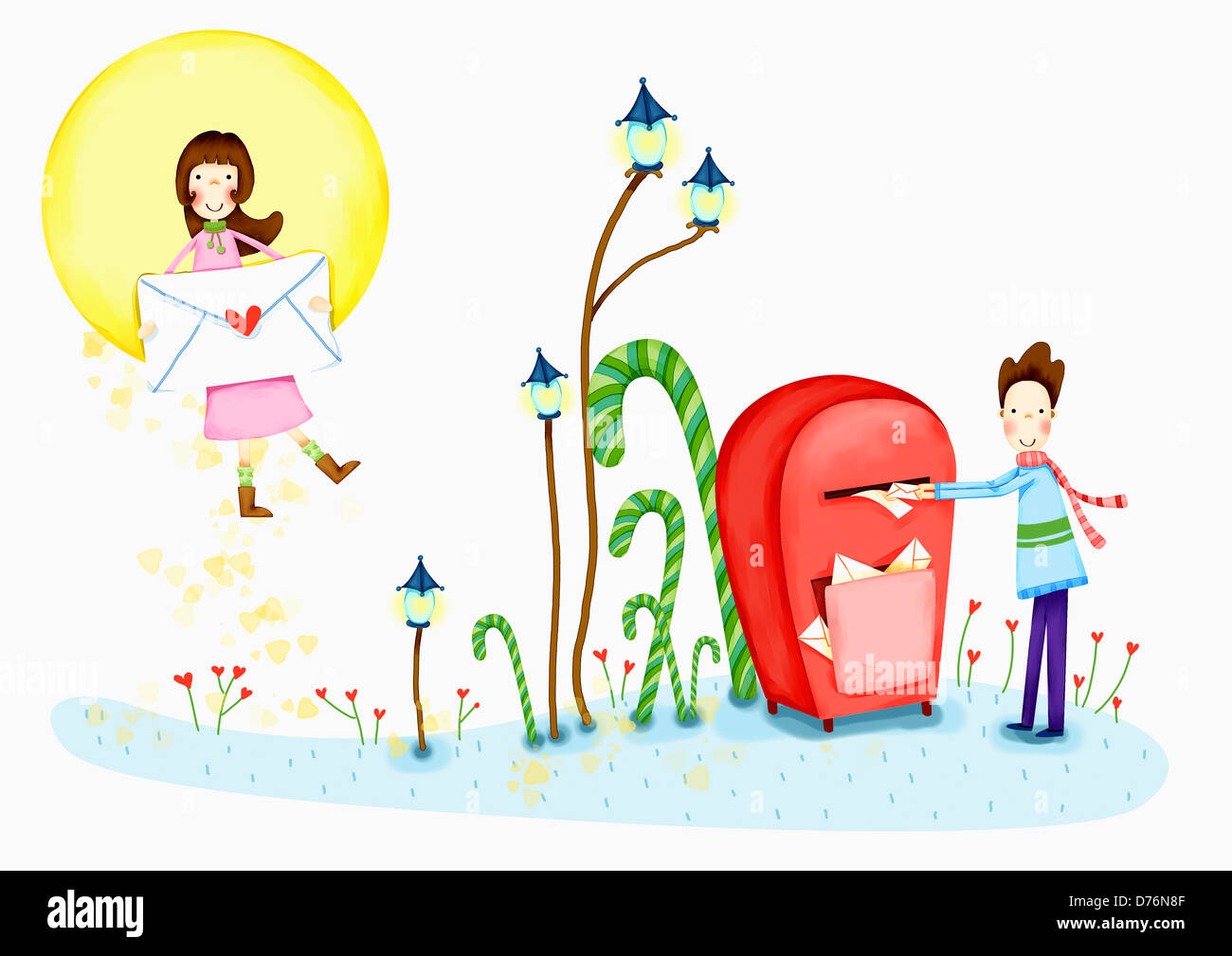 illustration of a couple sending love letters Stock Photo - Alamy