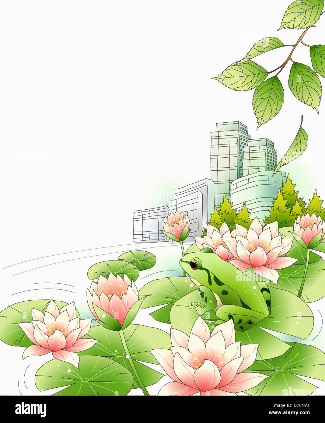 illustration of lotus flowers and buildings Stock Photo - Alamy