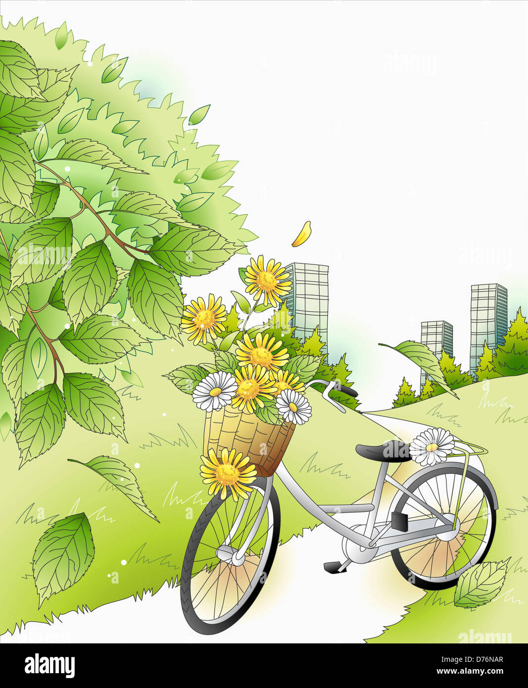 illustration of a bike with sunflowers in the basket Stock Photo - Alamy