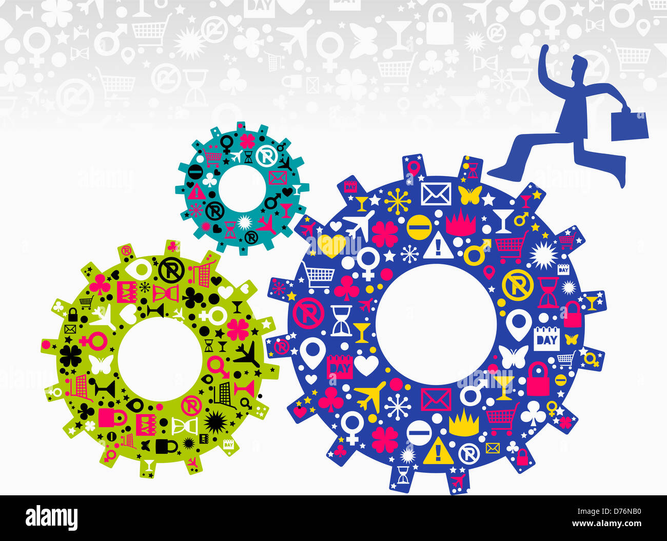 illustration of a man running on gears filled with icons Stock Photo ...